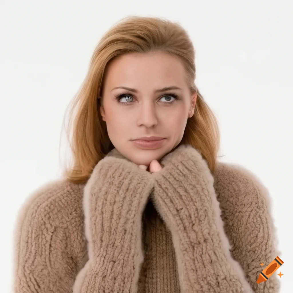 Woman wearing a thick fuzzy turtleneck sweater to her chin on Craiyon
