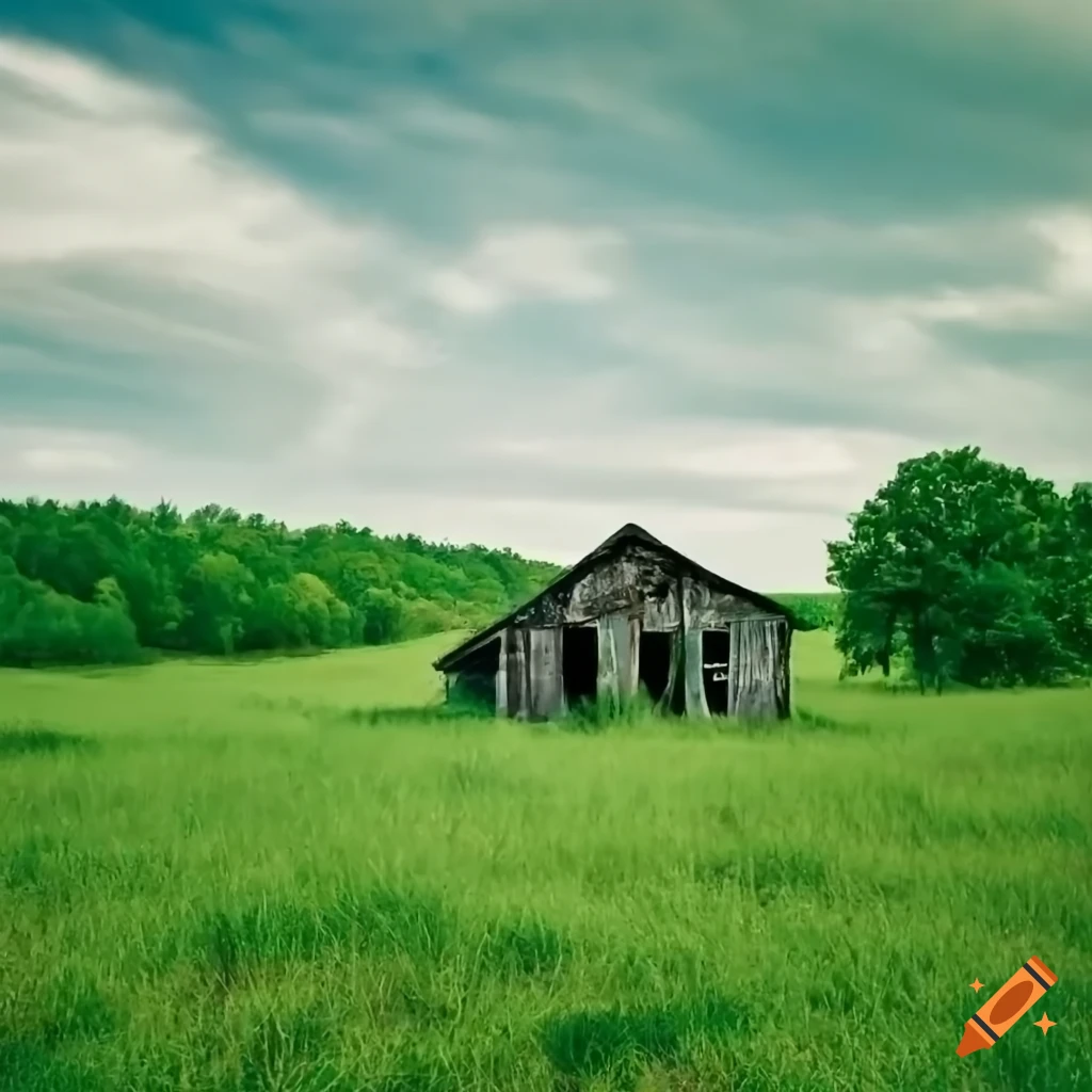 Lush green field with nothing in it except an old abandoned ...