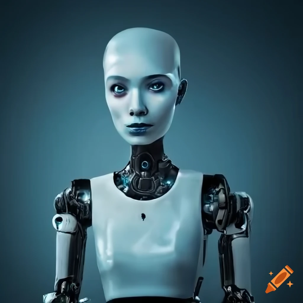 Fantastic steeping big group of friendly human detailed robots with lights and rays in future ...