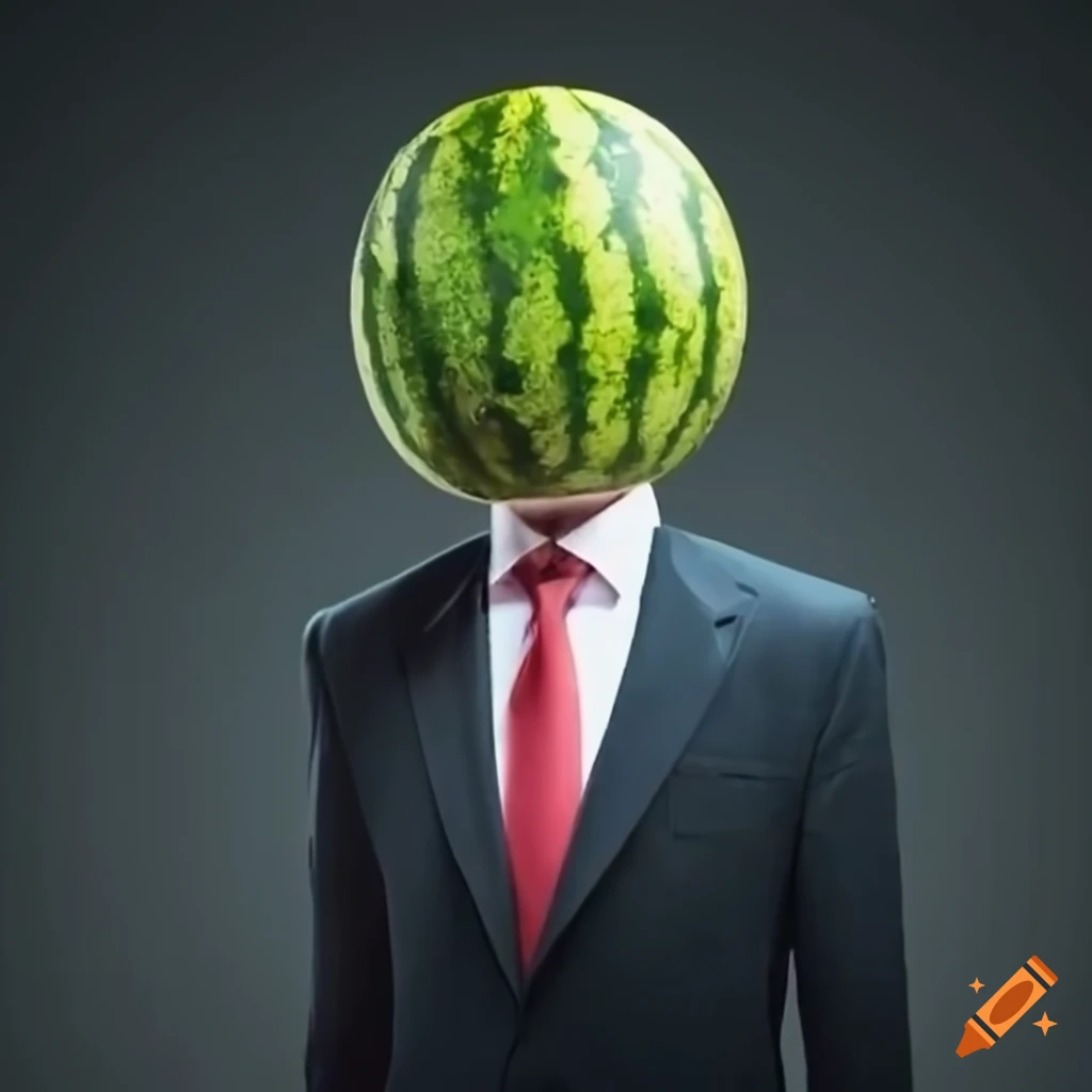 A man in a suit with a watermelon for a head