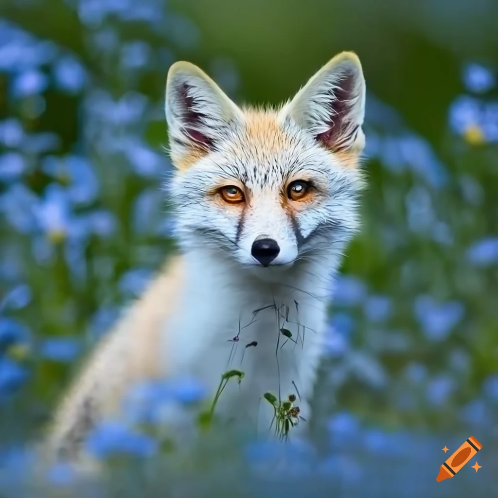 The face of a pure white fox with golden eyes in a field of light blue ...