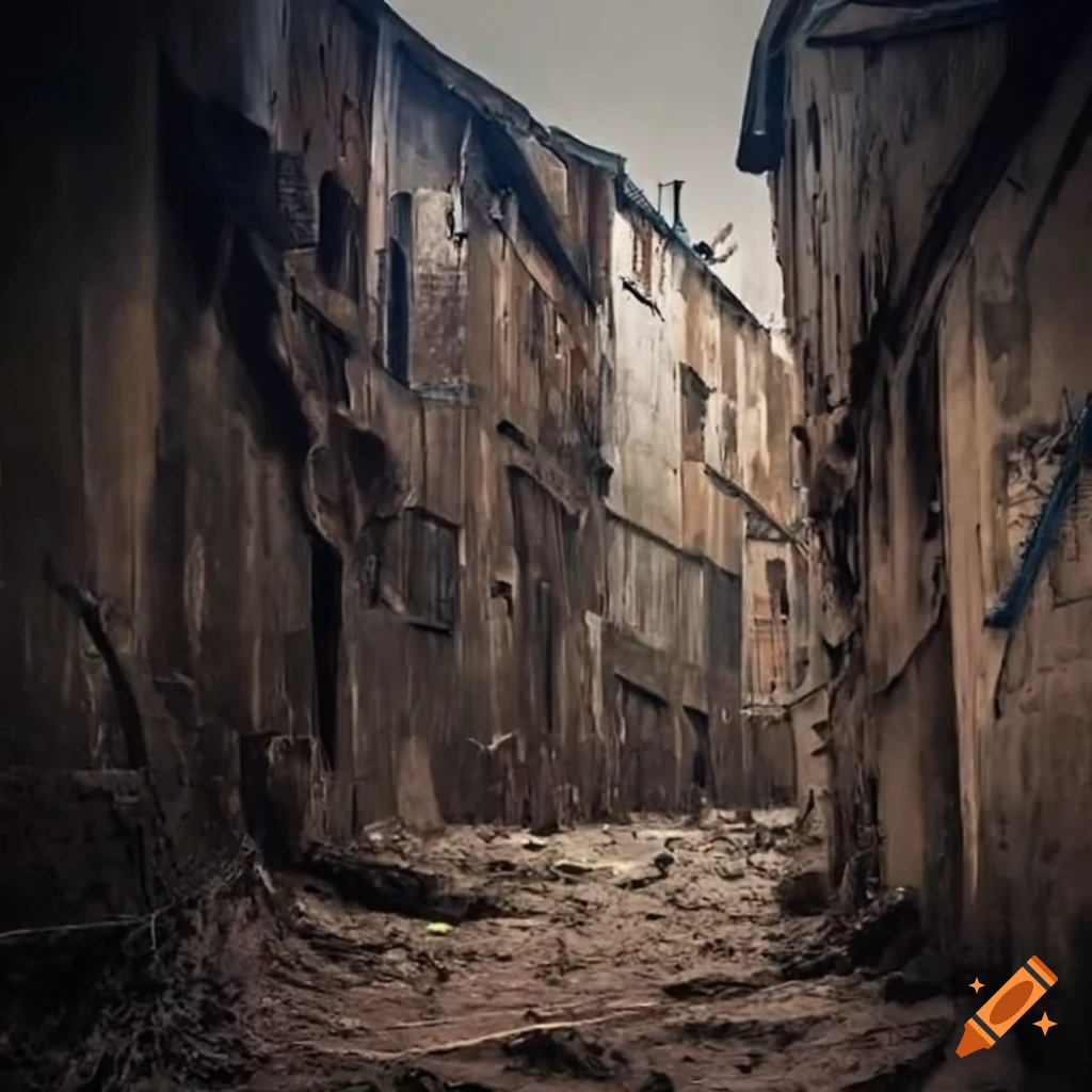 Medieval lived in slums region in the lower sewer part of city, full of ...