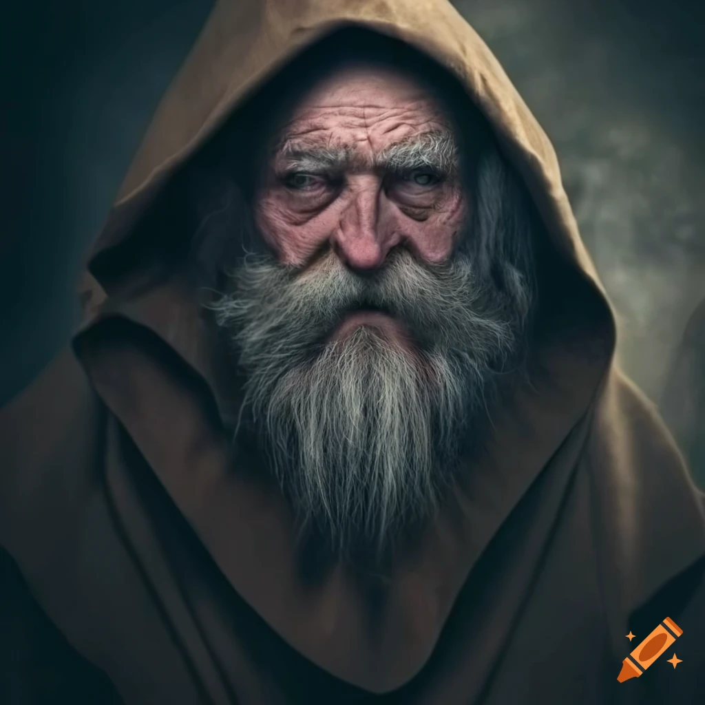 Hooded medieval old man in long brown cape stands with lattern in a ...