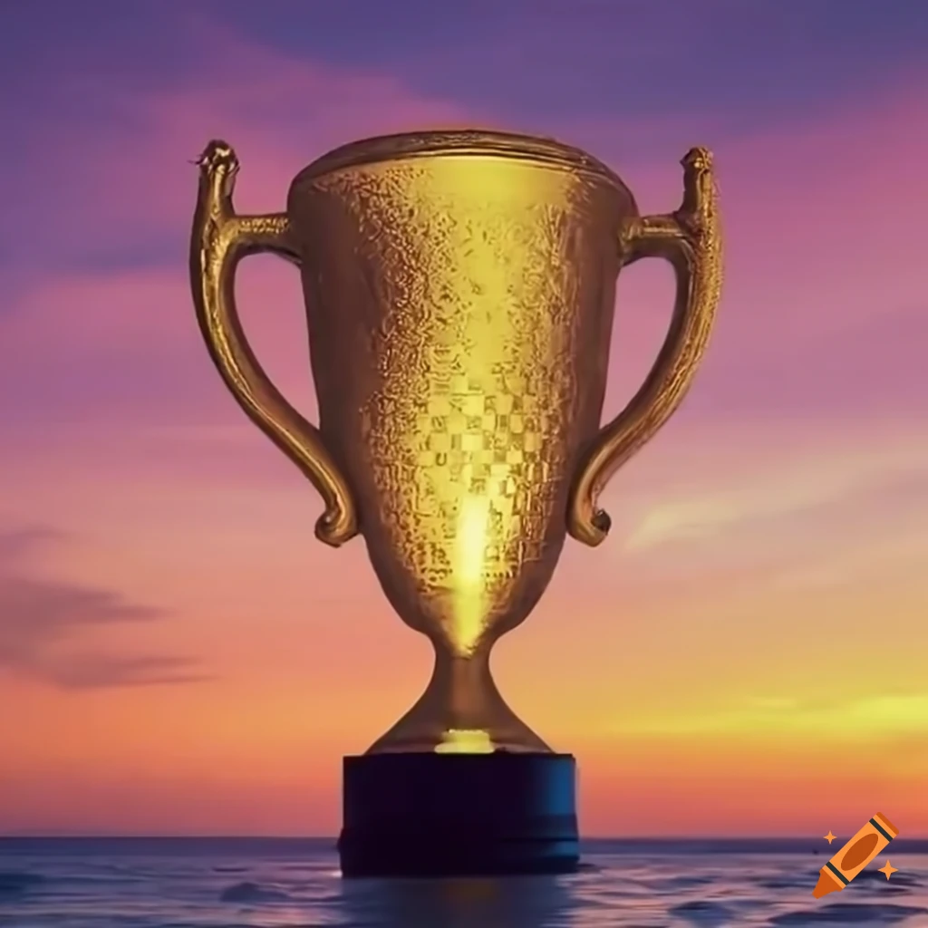 Triumphant arm raising gold trophy against stunning beach sunset