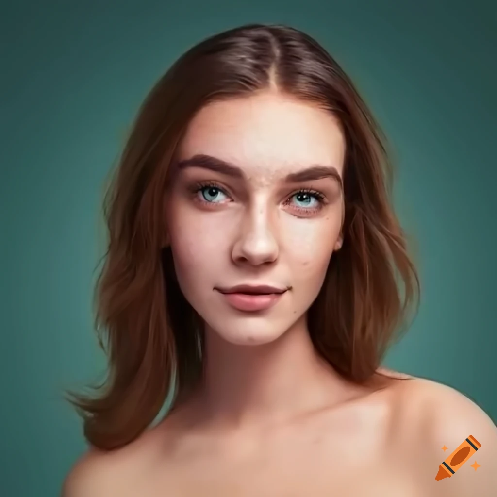 Beautiful young woman shoulder-length hair shy smile delicate freckles