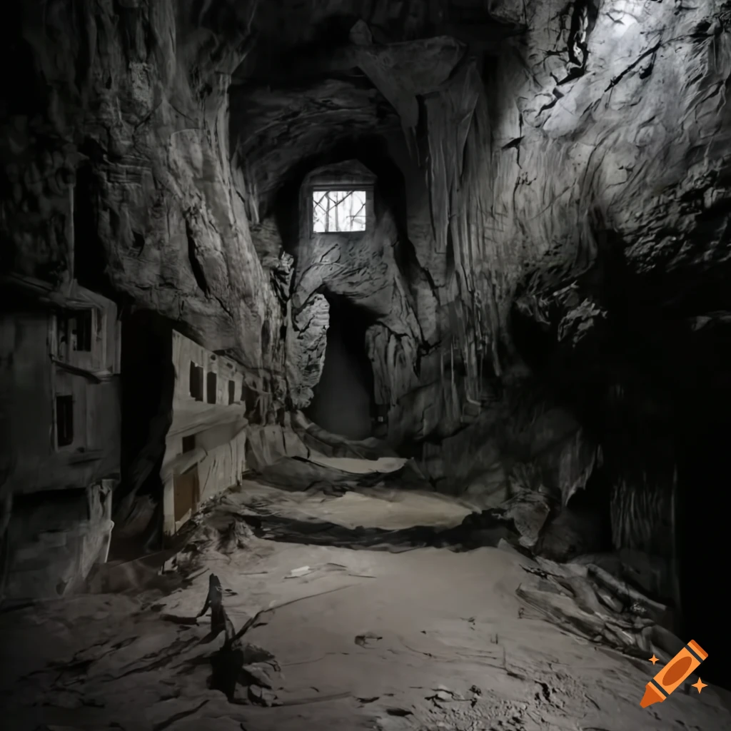 Flat-roofed mining barracks, some on stilts, in a giant dark cave on ...