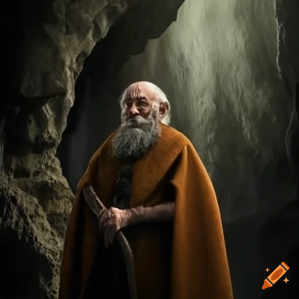 Medieval old man in long brown cape in a dark cave with lattern