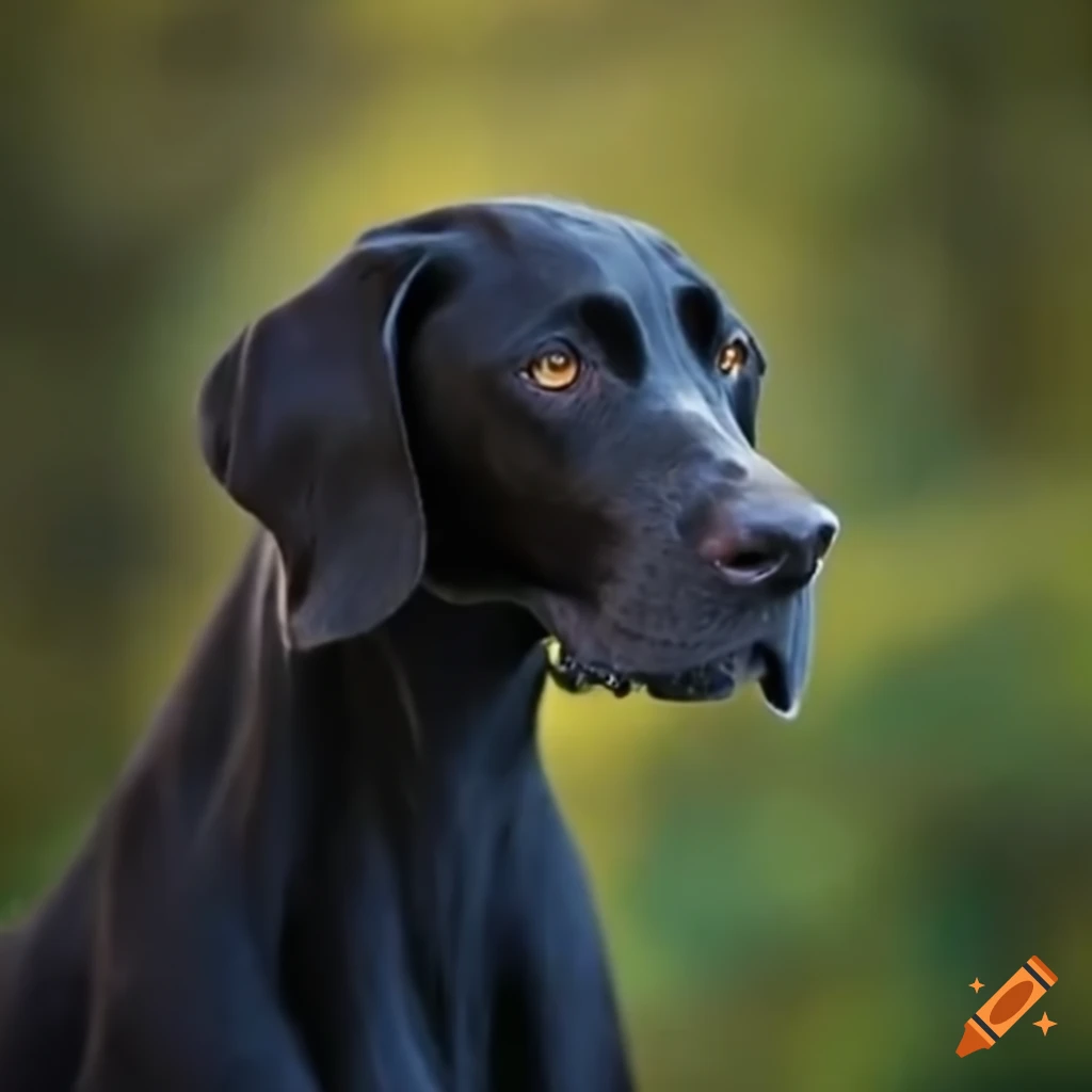 An english pointer totally black dog with amber eyes watching me