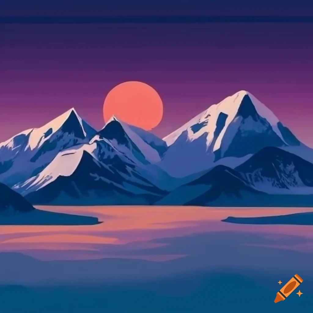 Snowy mountains at sun set japanise style on Craiyon