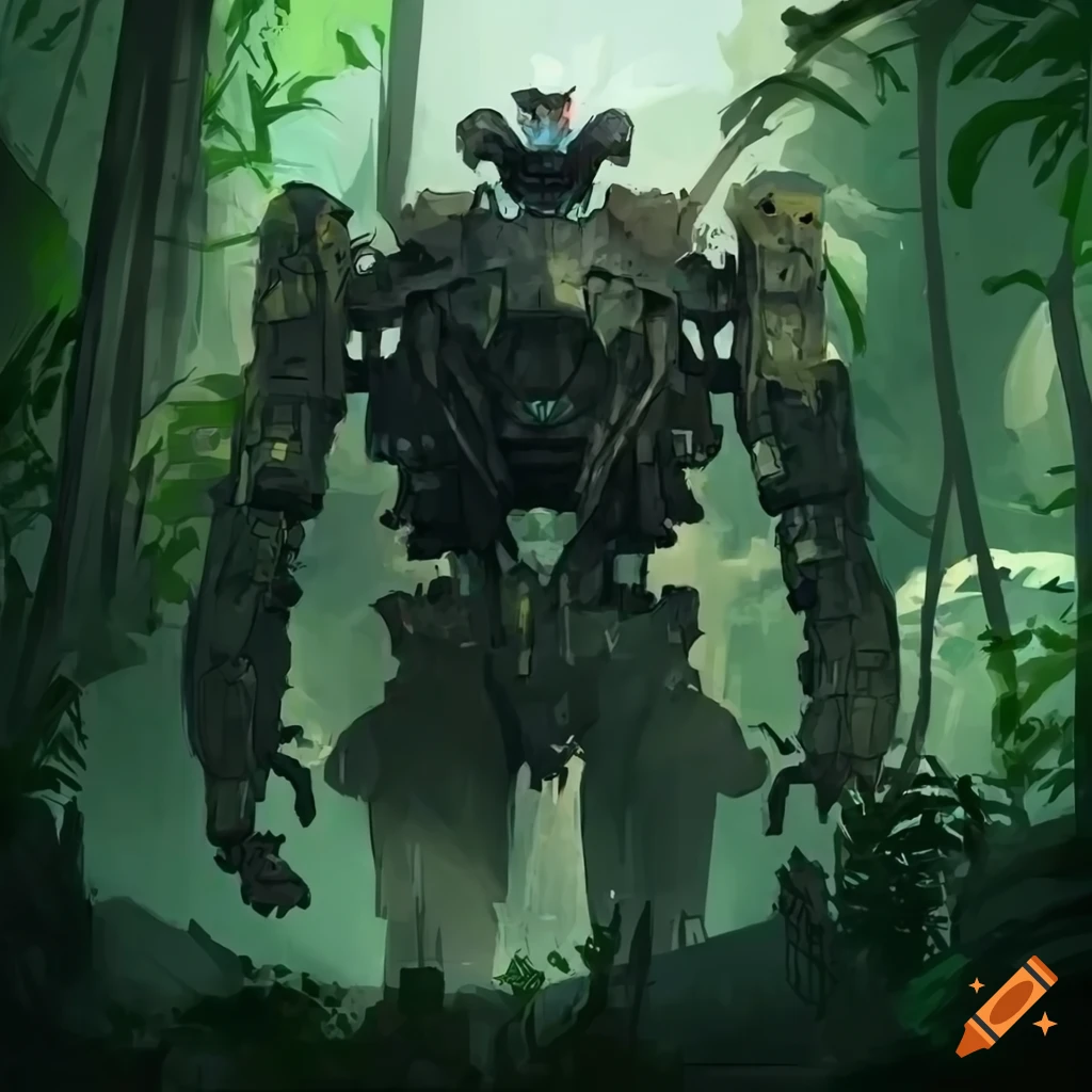 Concept art of mecha repair in progress in the jungle with a digital ...