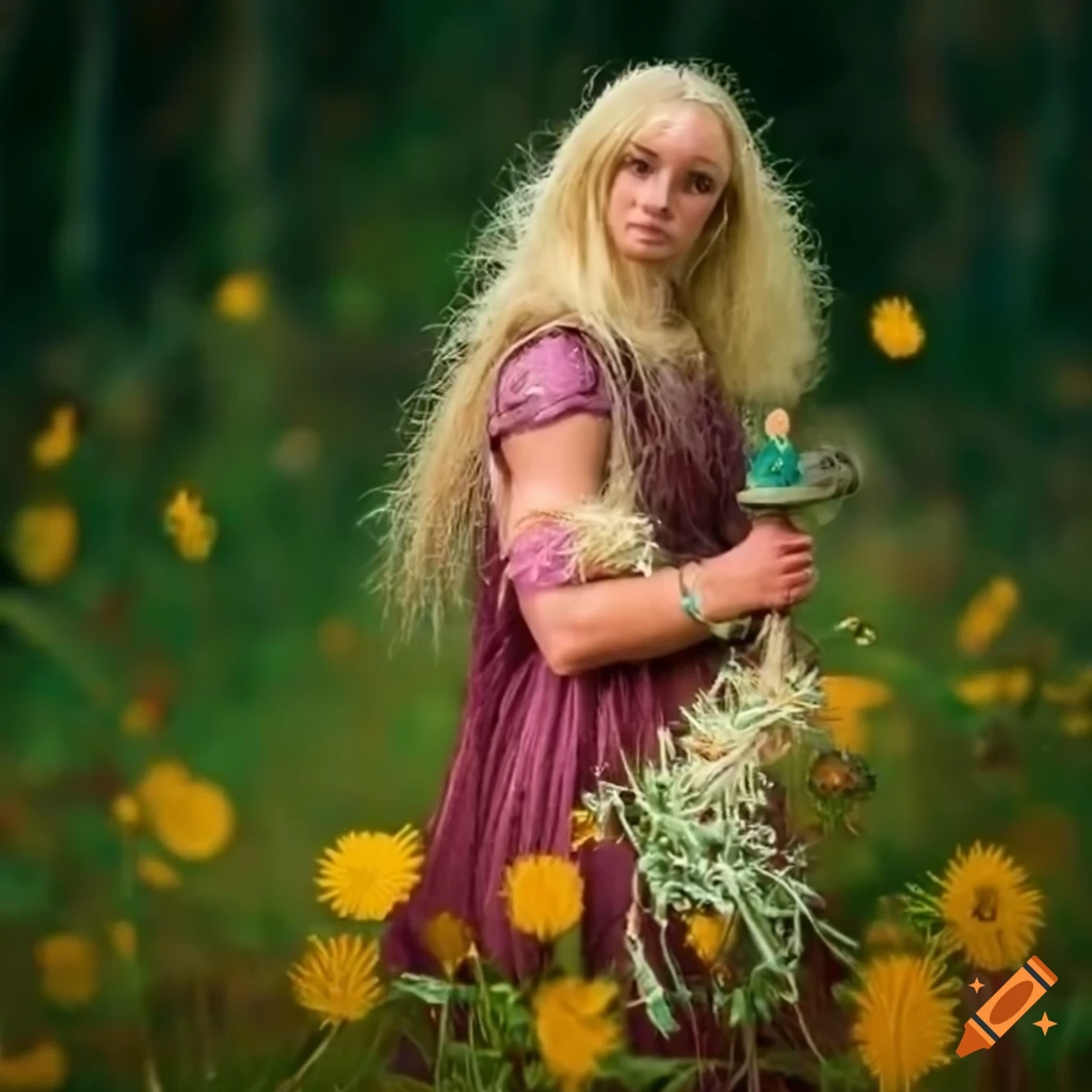 Female firbolg in a field of flowers on Craiyon