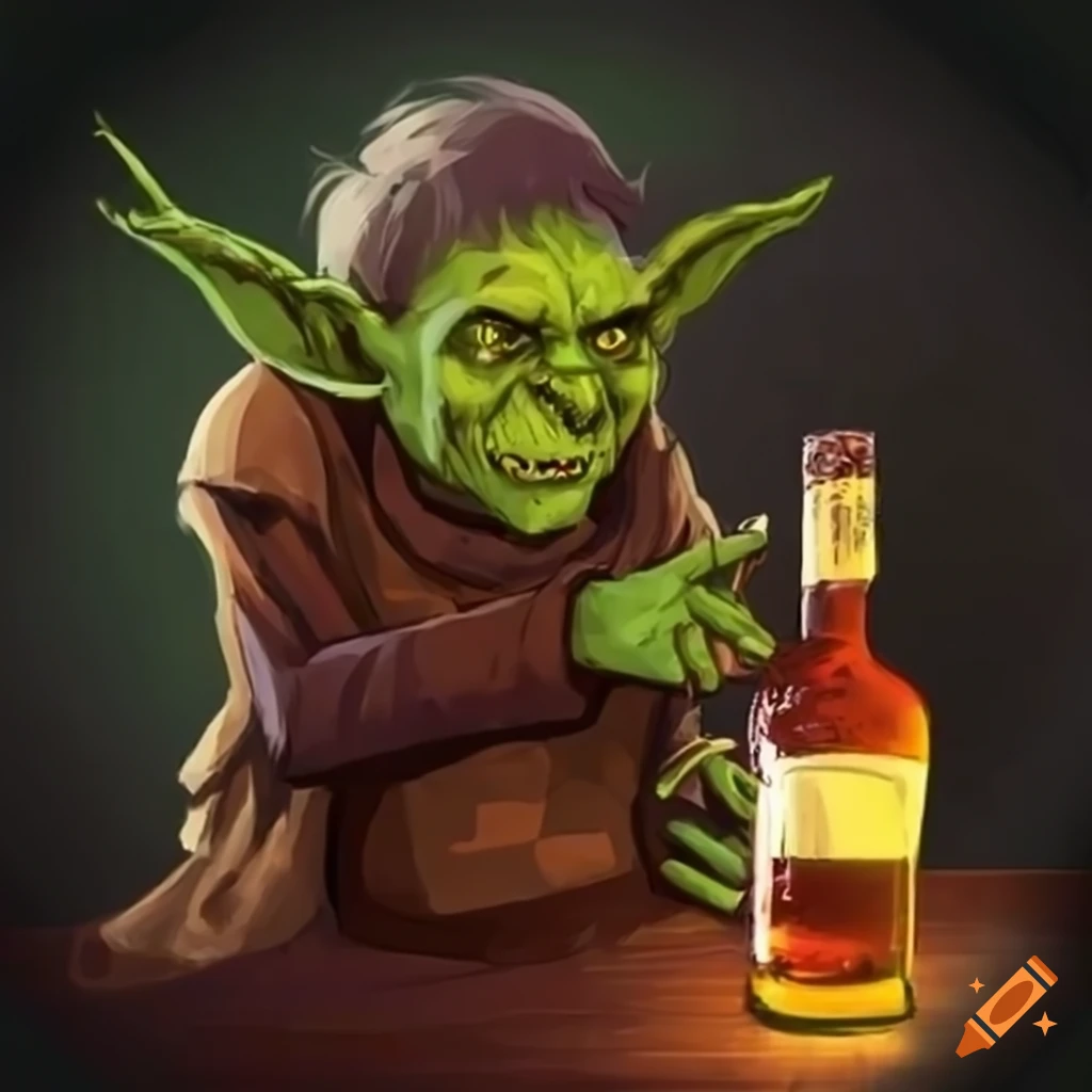 Drunk Goblin getting a alcoholic drink , he's sad on Craiyon