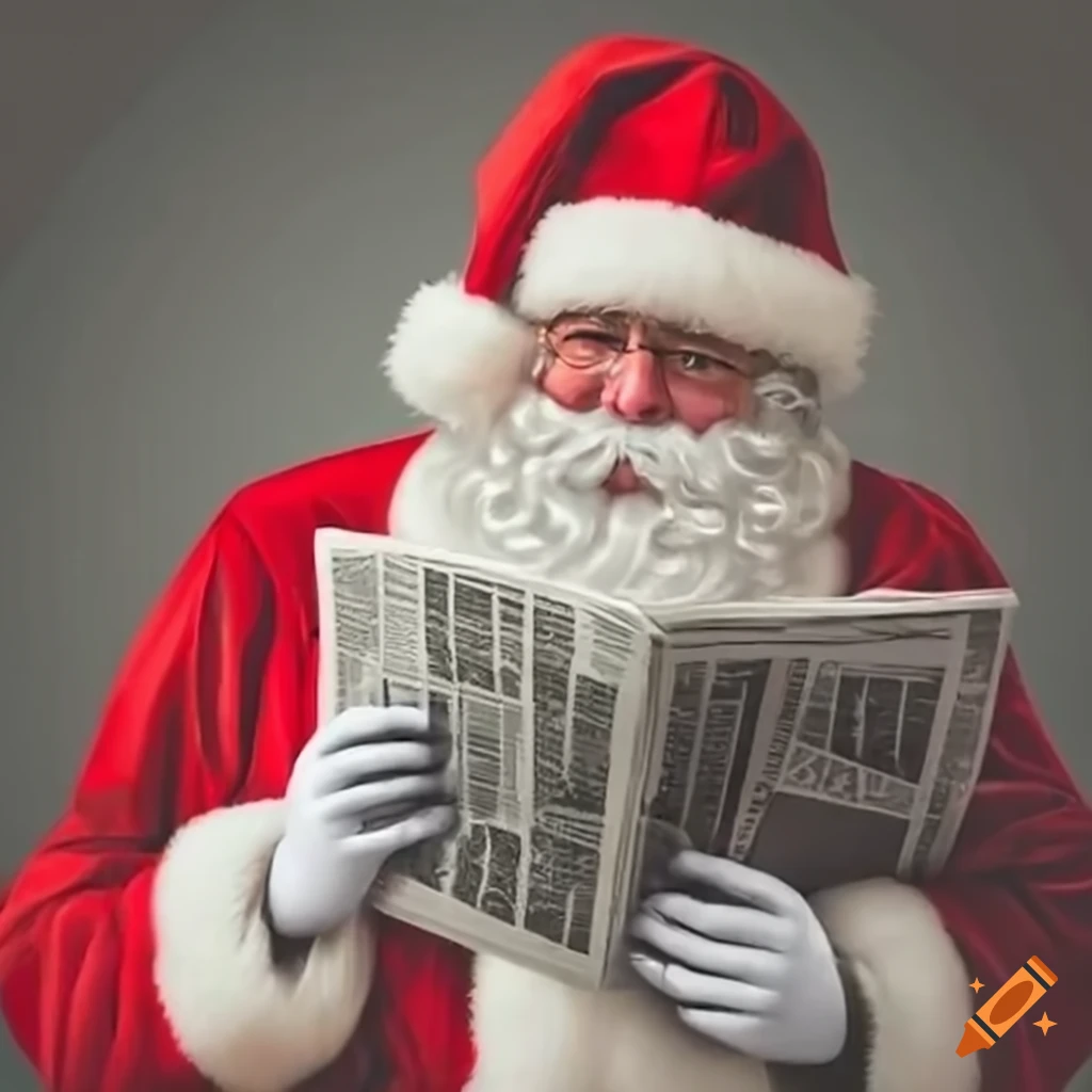 Smile santa claus reading newspaper