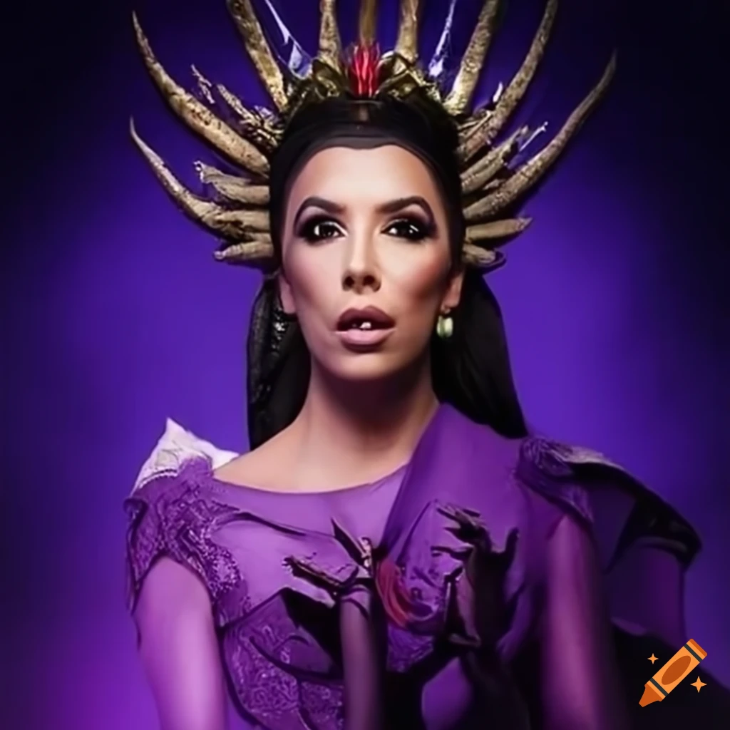 Eva longoria as evil queen of purple dragons with a malevolent smile
