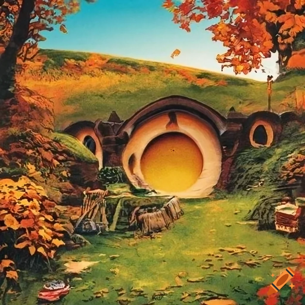 Hobbiton, the Shire, in the fall. Nostalgic vintage screen-printed ...