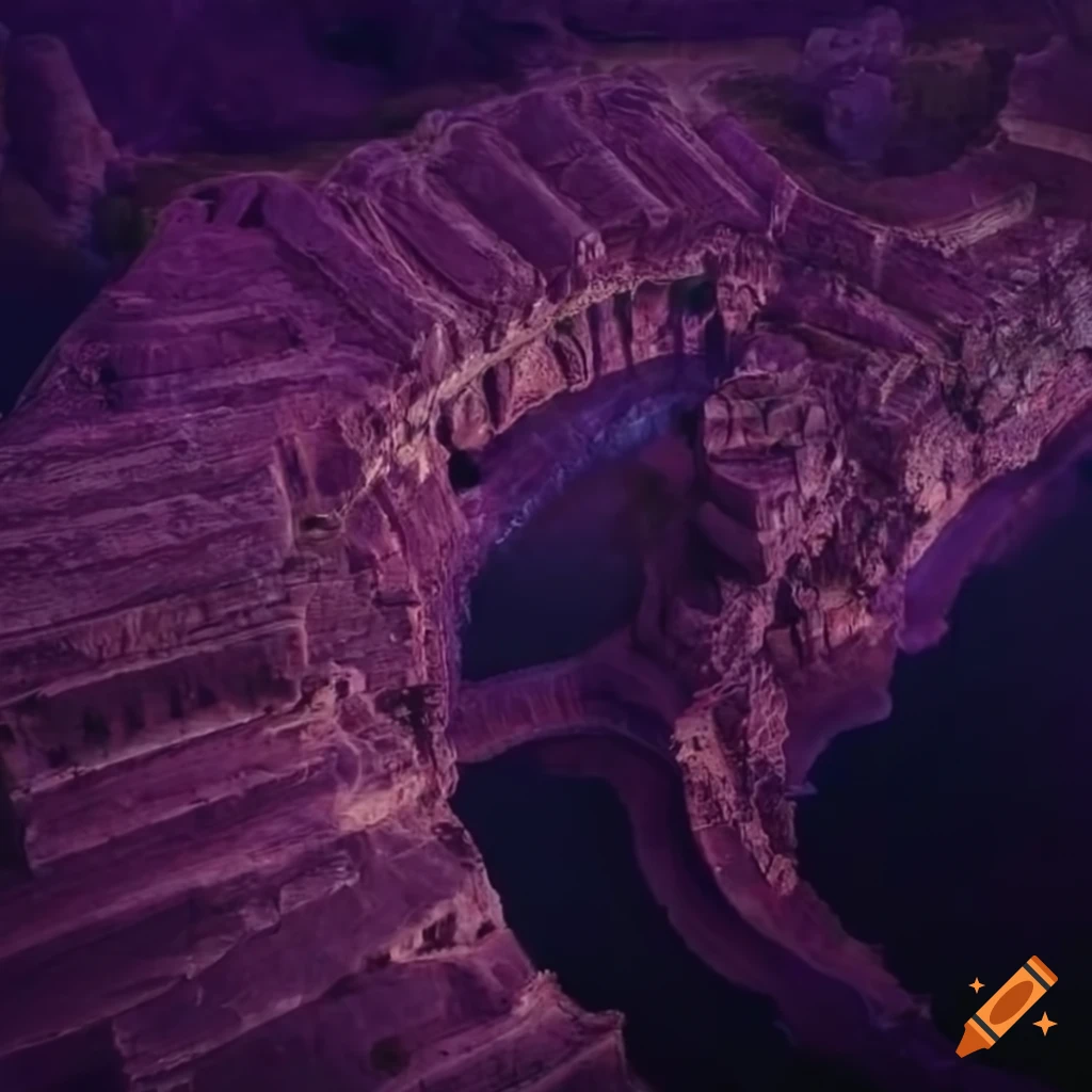 Top view of ancient ruins with purple rivers