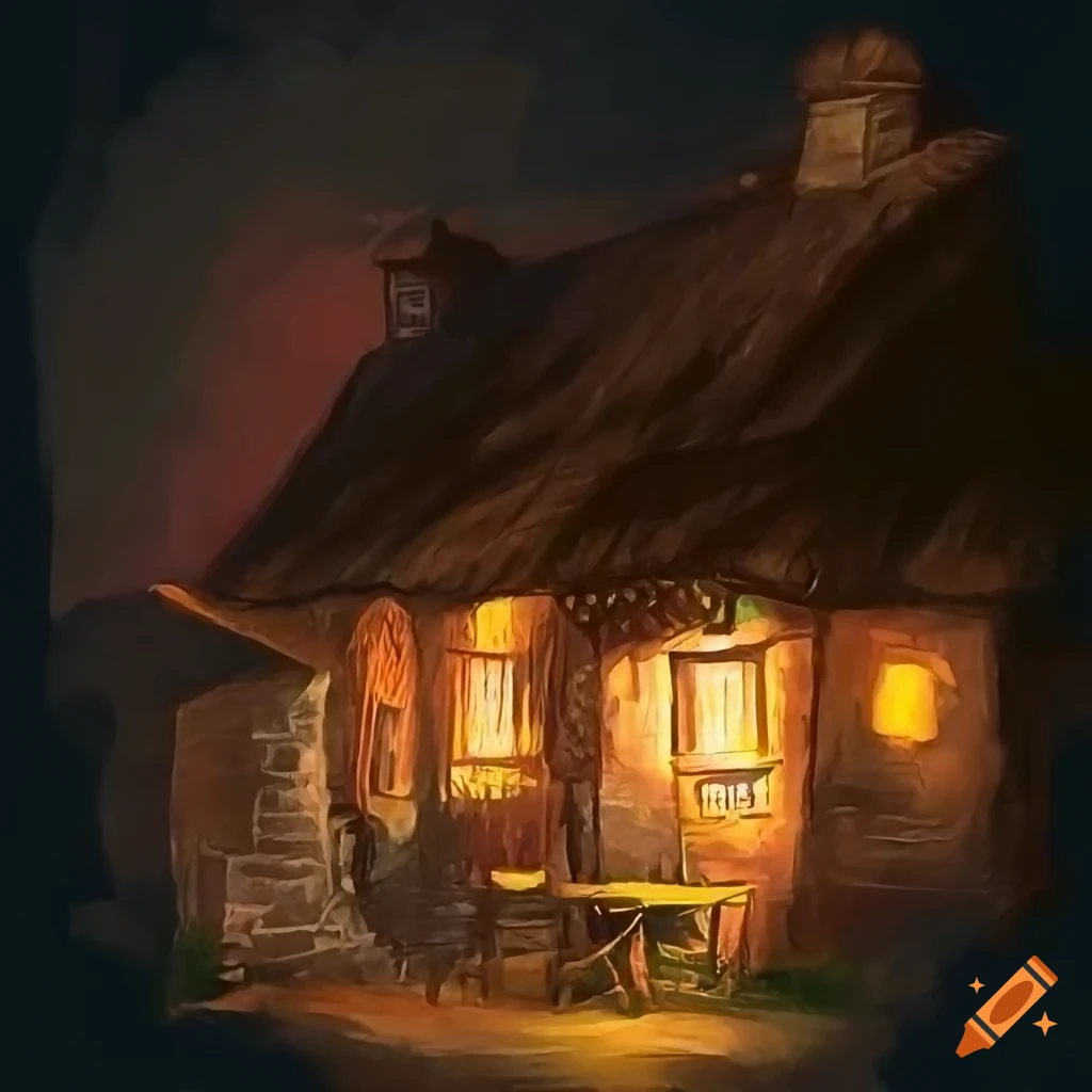 Outside view of a cosy old tavern with thatched roof lit up at night