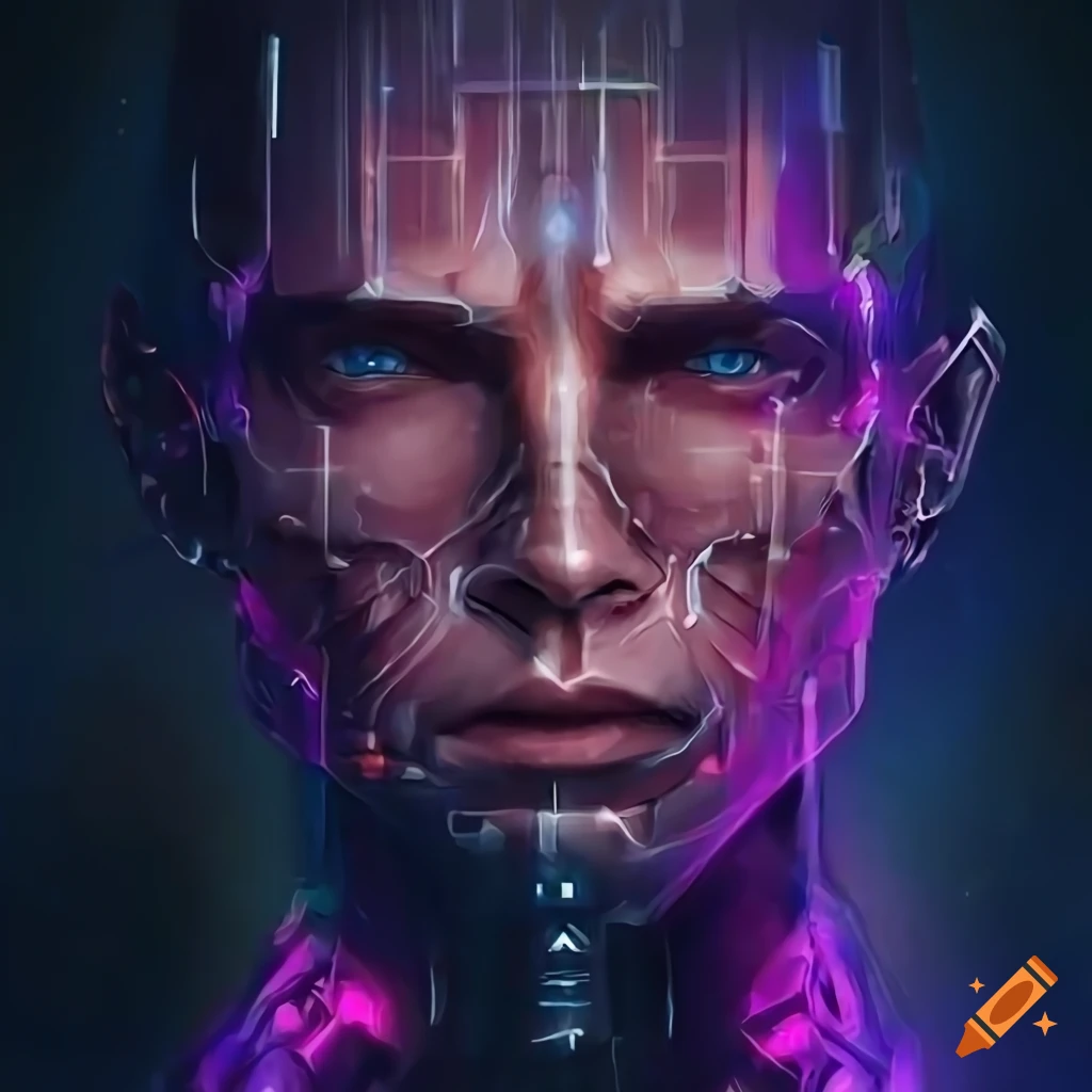 Beautiful man face, stunning cybernetic portrait of a man amidst a ...