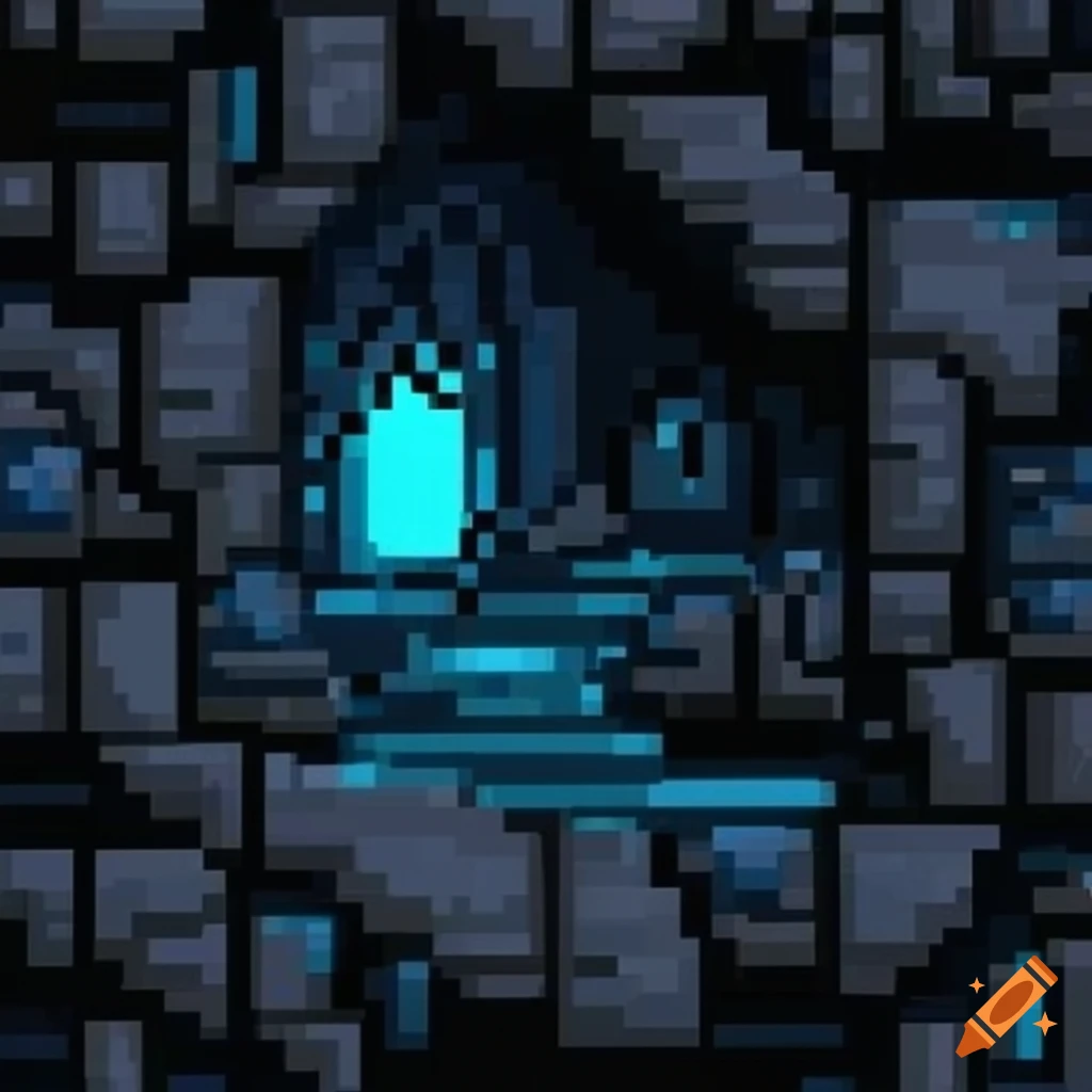 Pixel art landscape, dark big cave with blue crystals, black ground ...