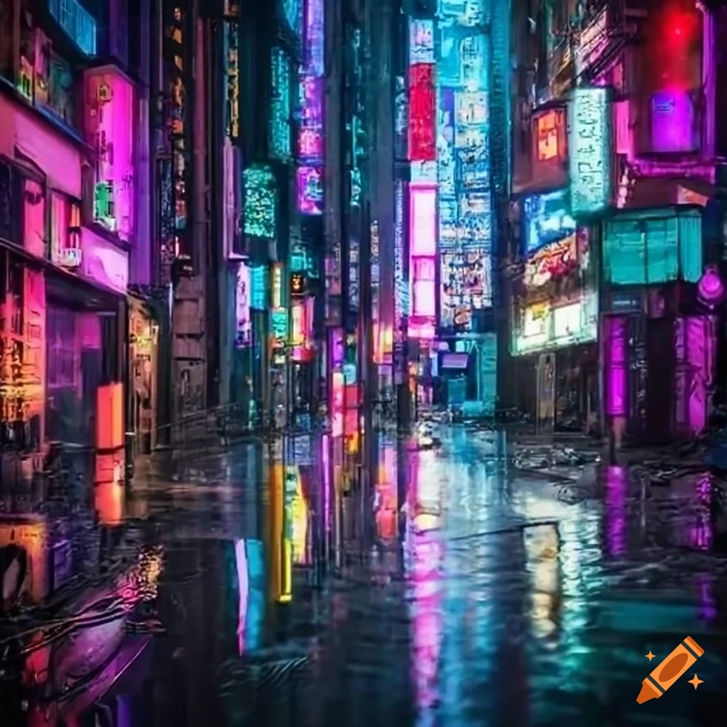 A cyberpunk city raining
