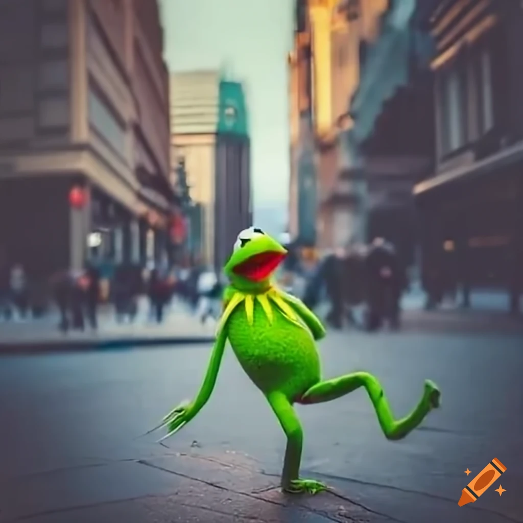 Kermit break dancing on a busy city street on Craiyon