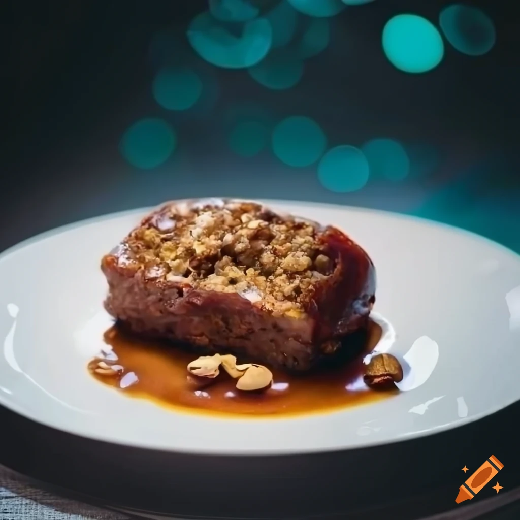A slice meatloaf with nuts in with gravy on a white plate on a white ...