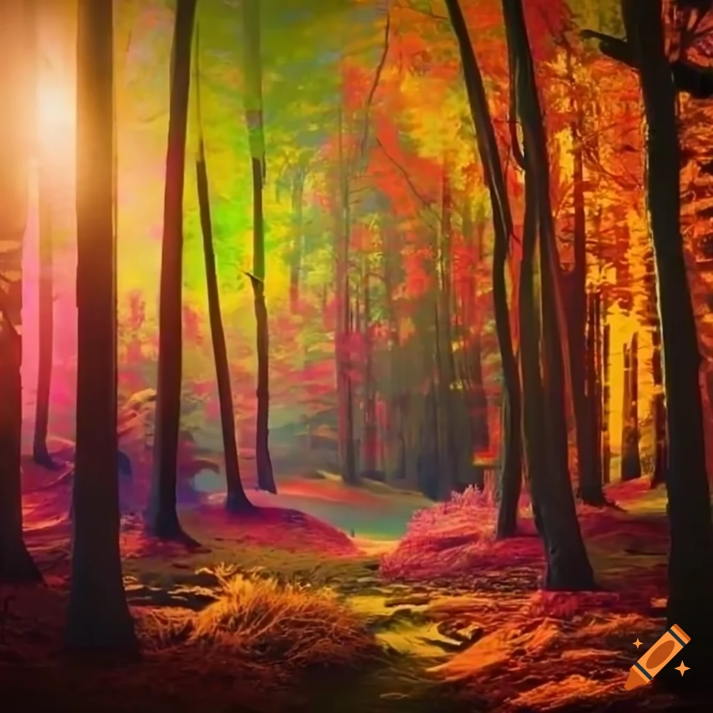 Peaceful forest with colored trees and ambient lighting