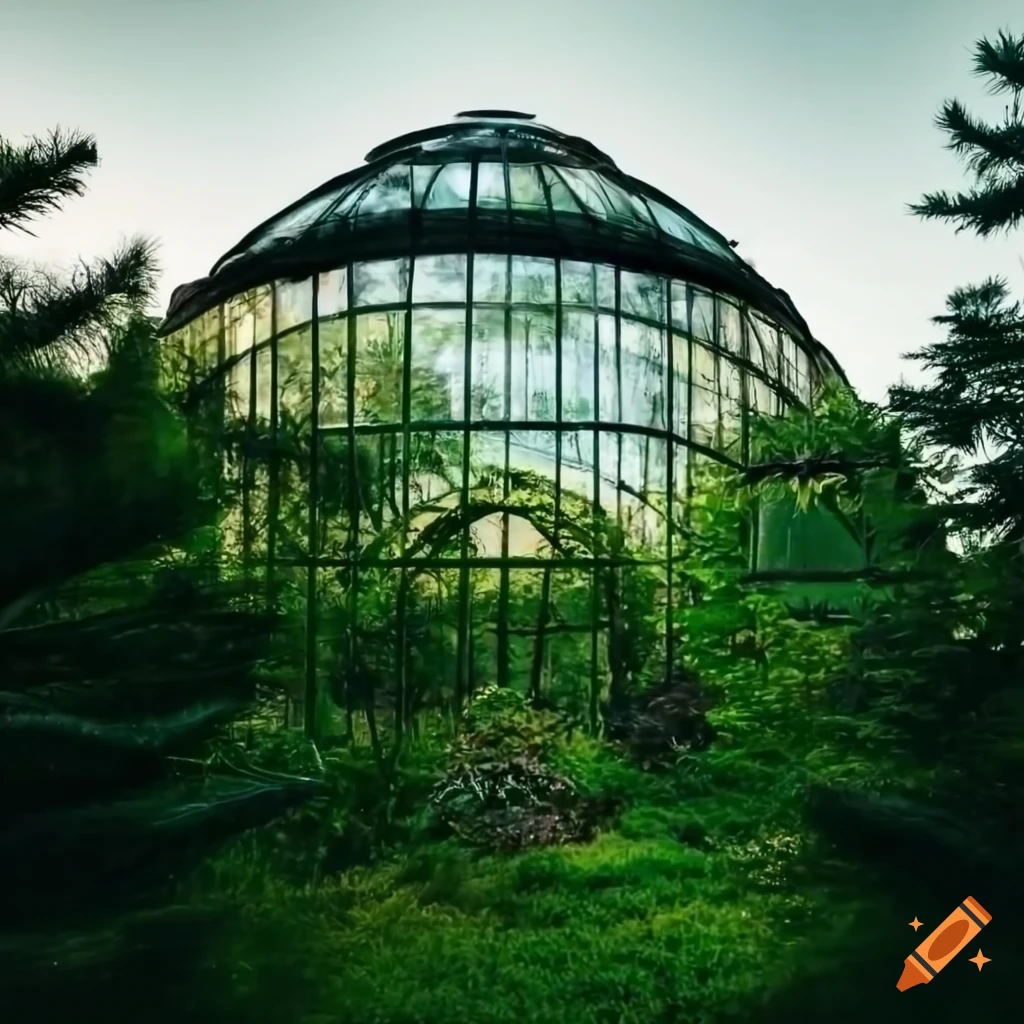 Glass circular greenhouse with plants on the inside and greenery ...