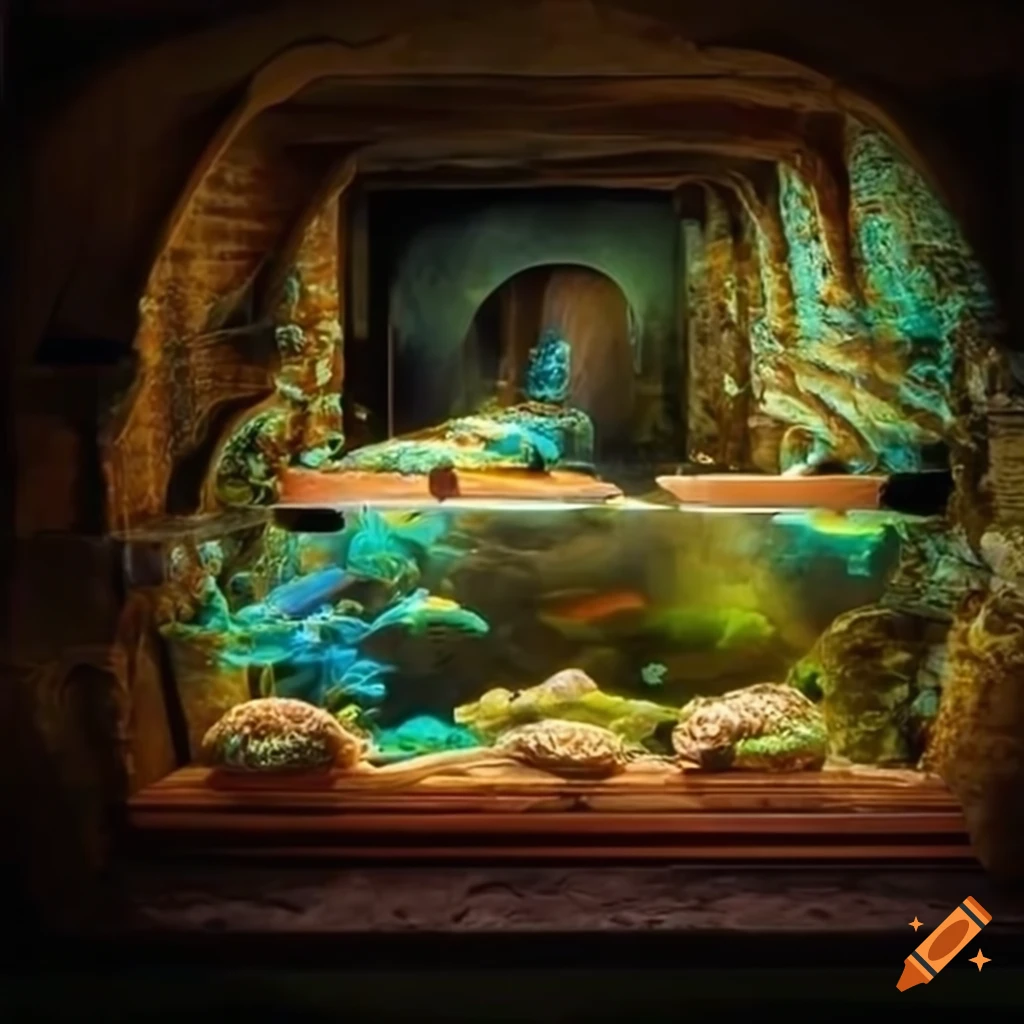 Intricate aquarium pet shop interior in underground cavern on Craiyon