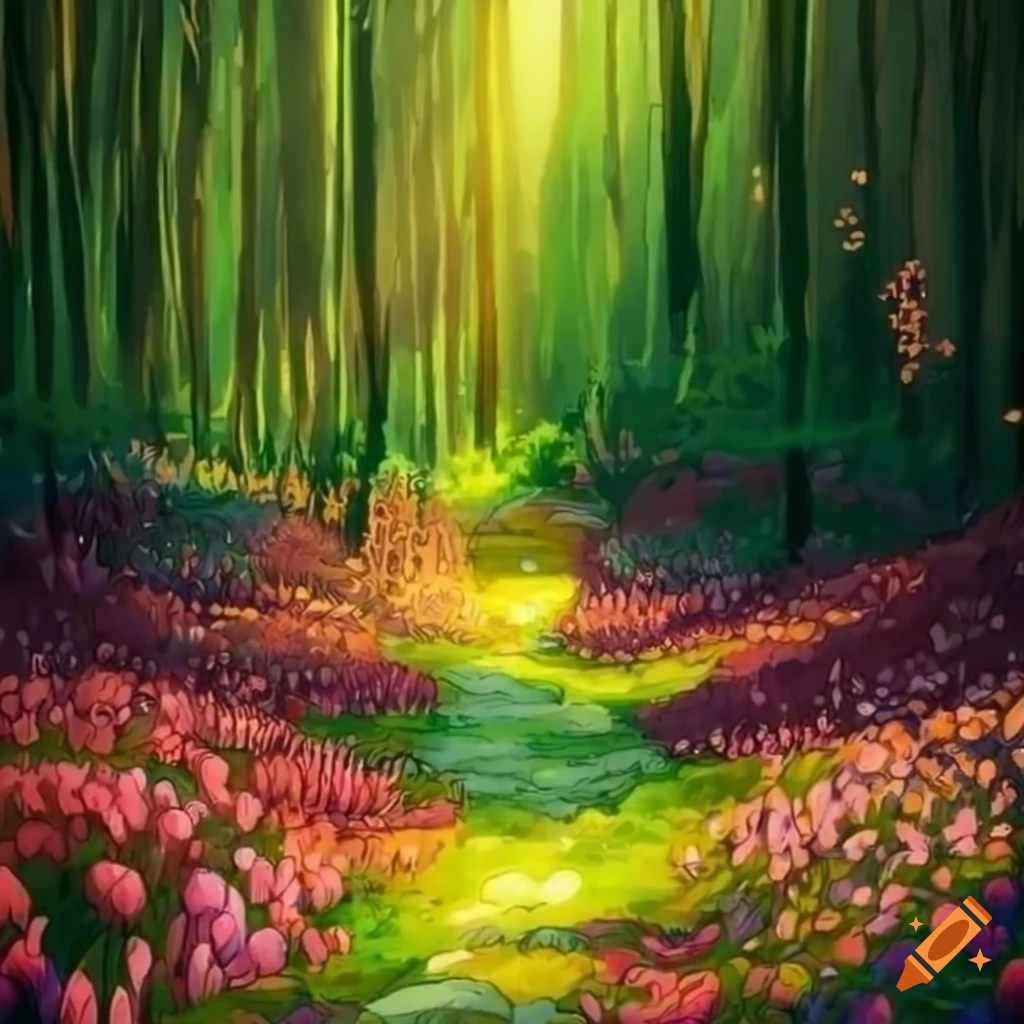 Hundreds of colorful flowers along a woodland path, studio ghibli ...