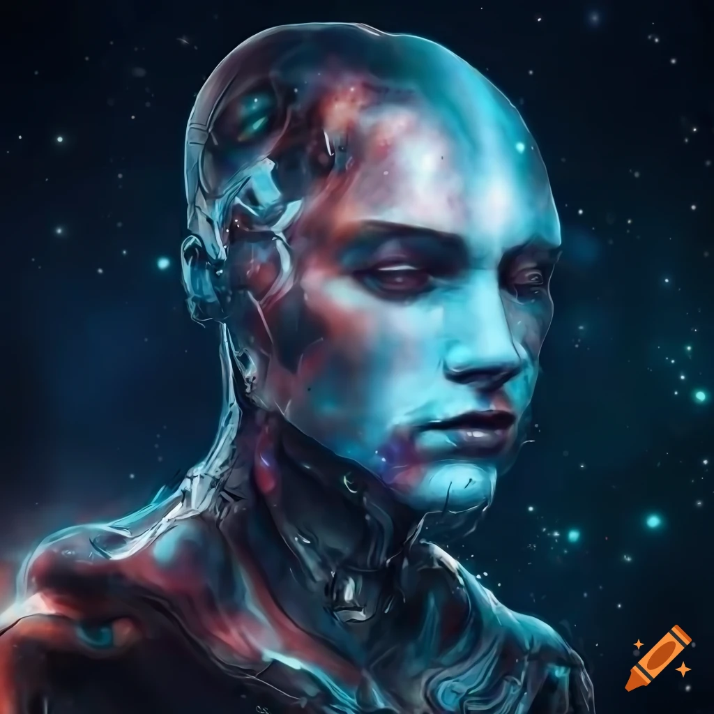 Beautiful man face, digital artwork of a futuristic cyborg amidst a ...
