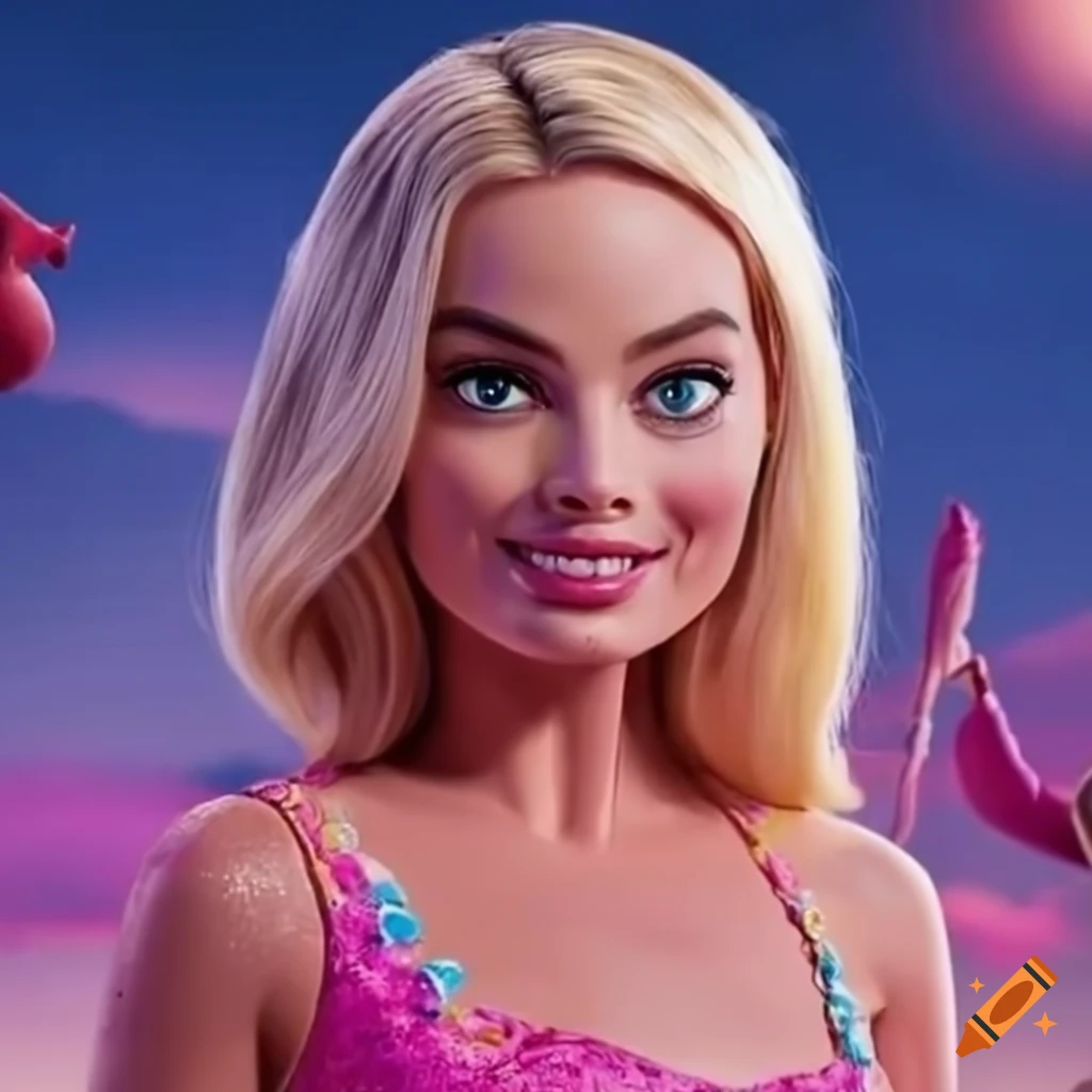 Escenarios de la nueva pelicula de barbie 2023 con margot robbie on Craiyon