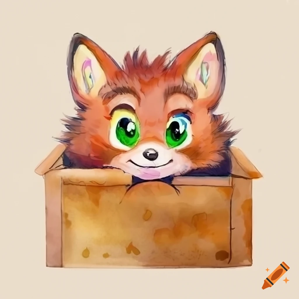 Cartoon anthro furrie fox cub in brown cardboard box on Craiyon