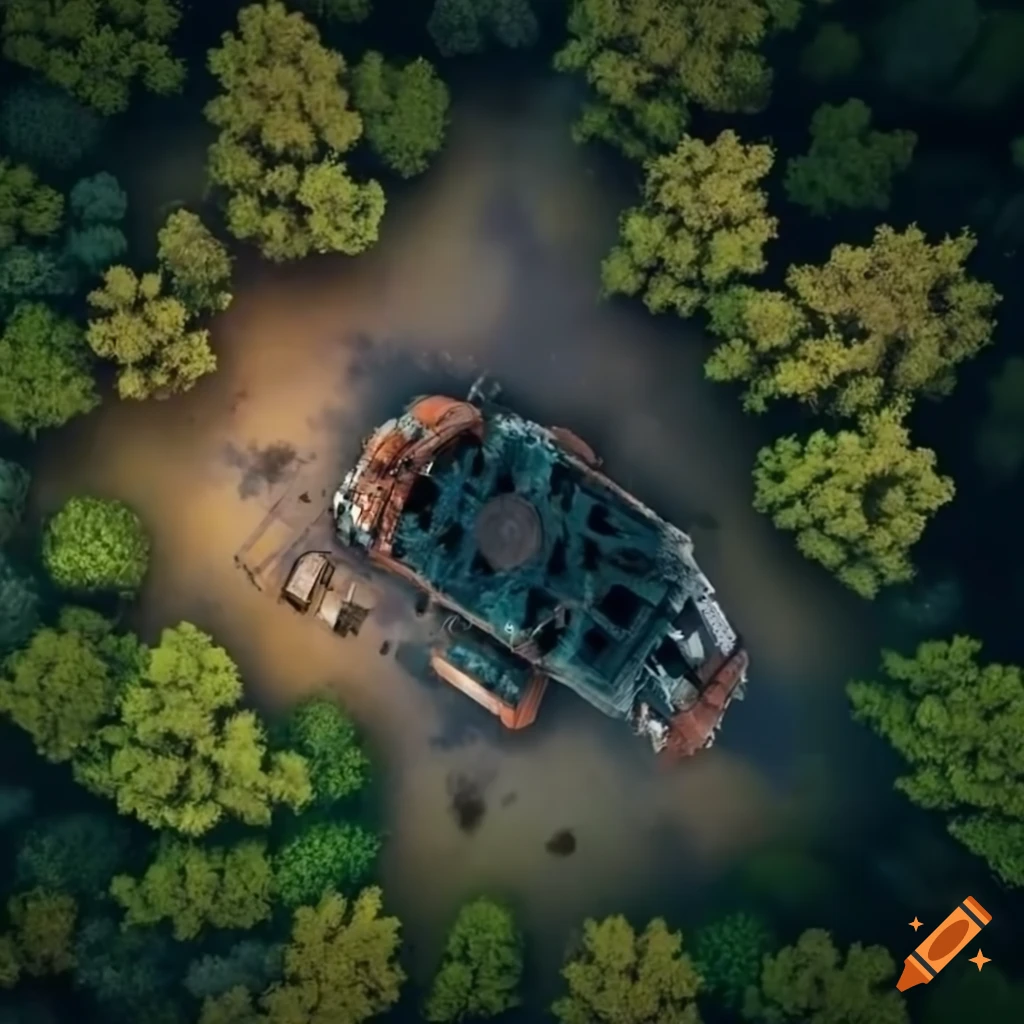 Wrecked spaceship in a big forest clearing, viewed from above