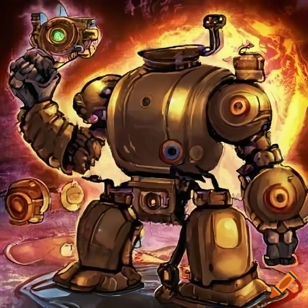 A steampunk blacksmith robot, yu-gi-oh style on Craiyon