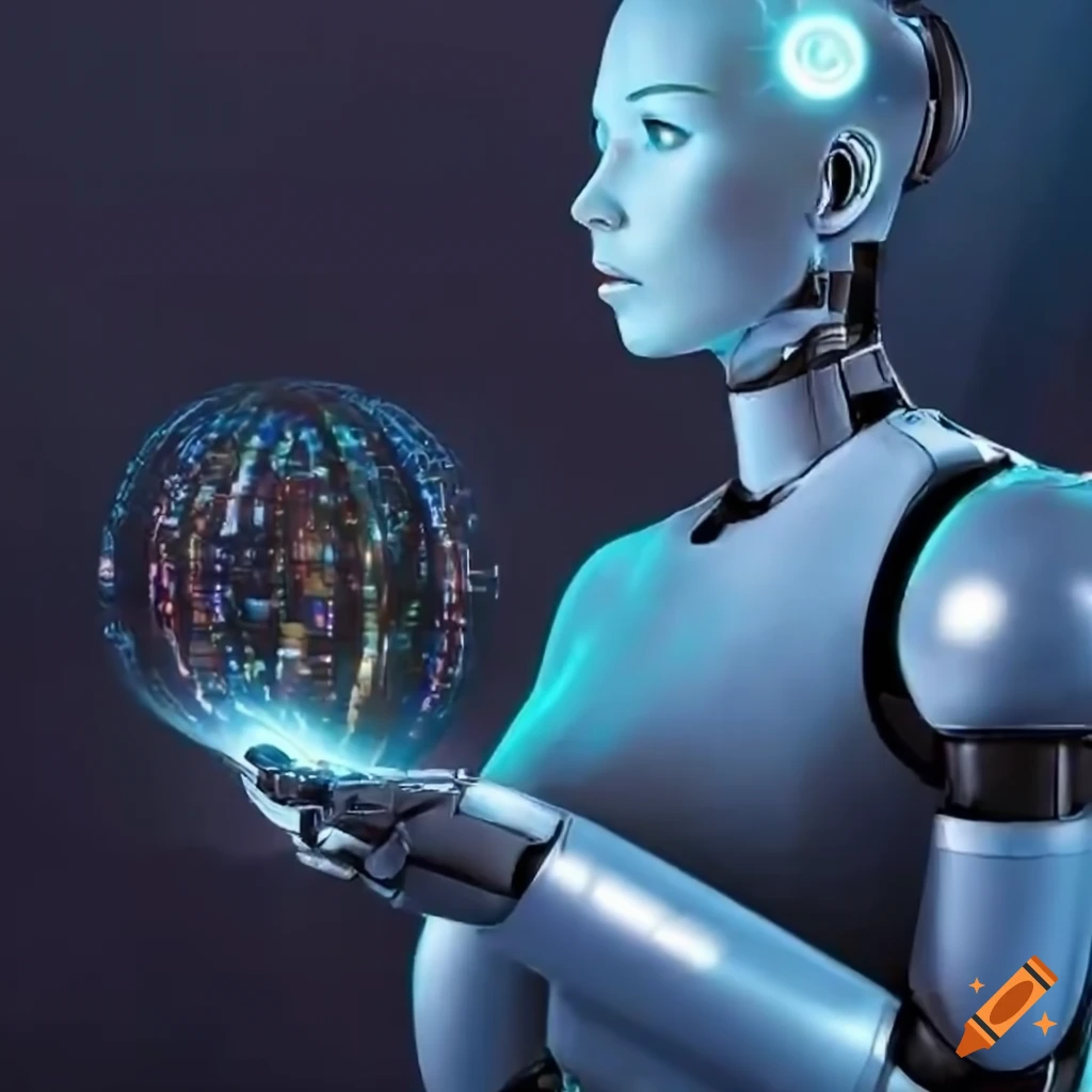 Fantastic steeping group of friendly human robots with lights and rays ...