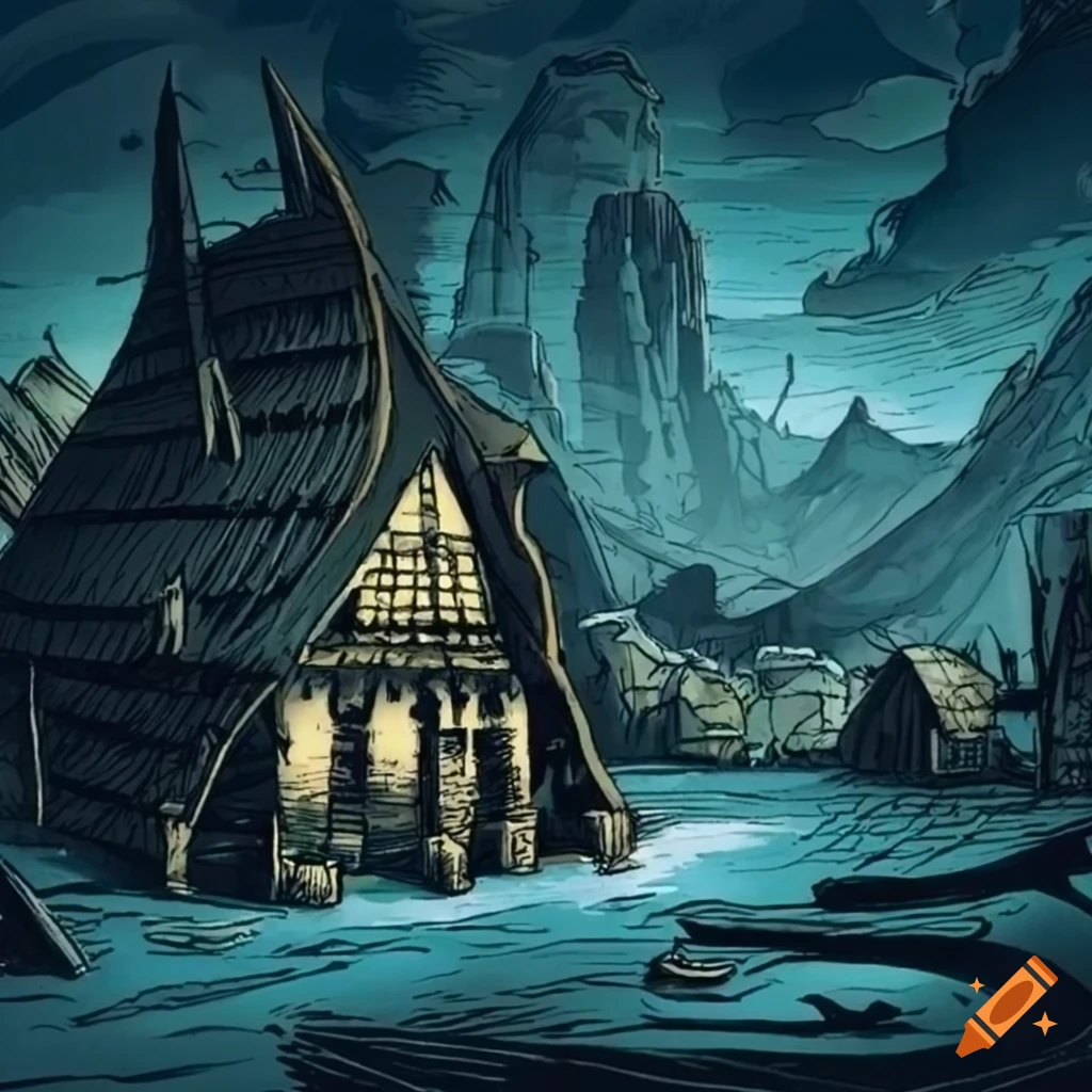 Comic book panels featuring ancient norse villages