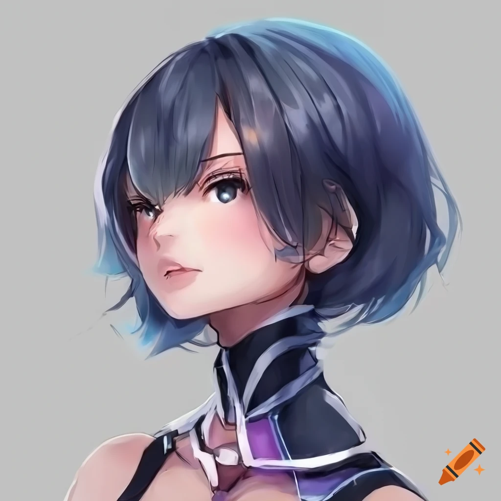 Sci-fi cute anime girl with a pixie haircut and dark hair wearing ...