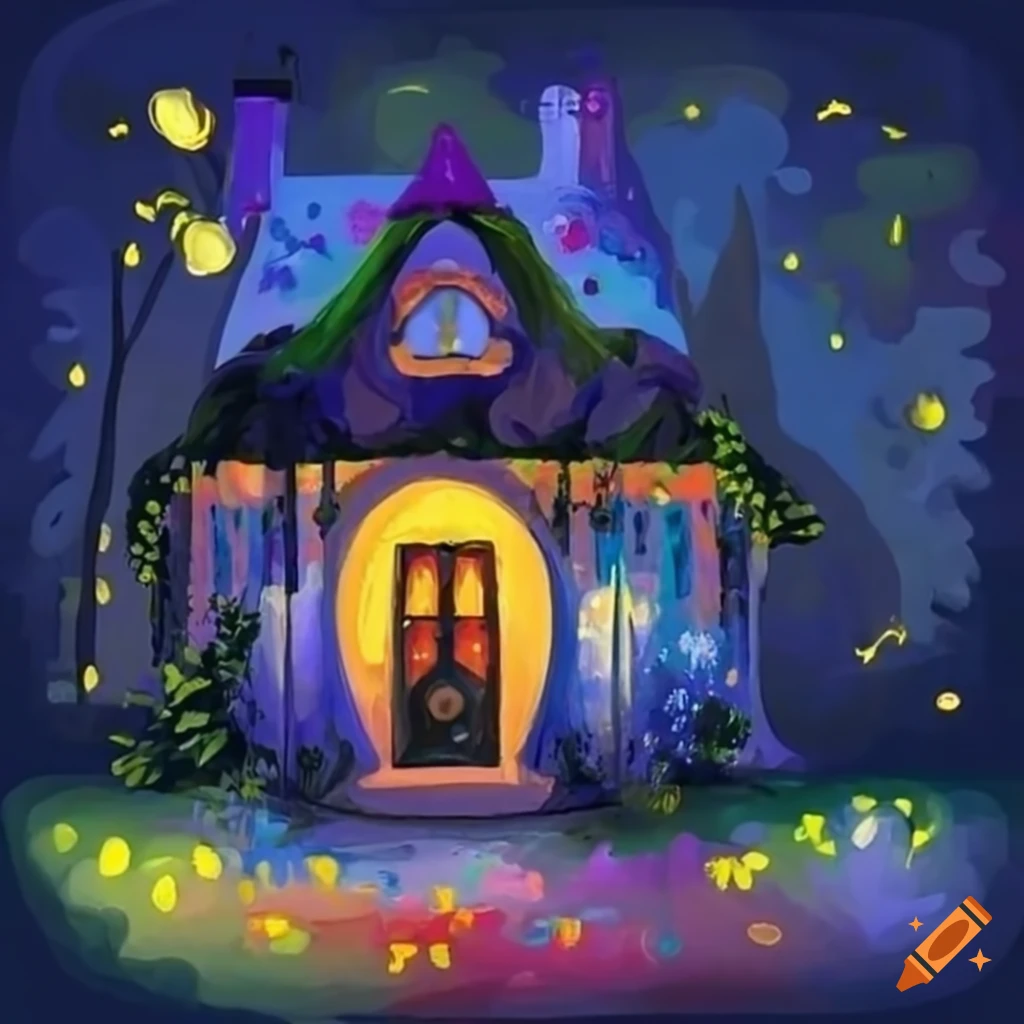 Fairytale cottage lit up at night with lamps and fireflies