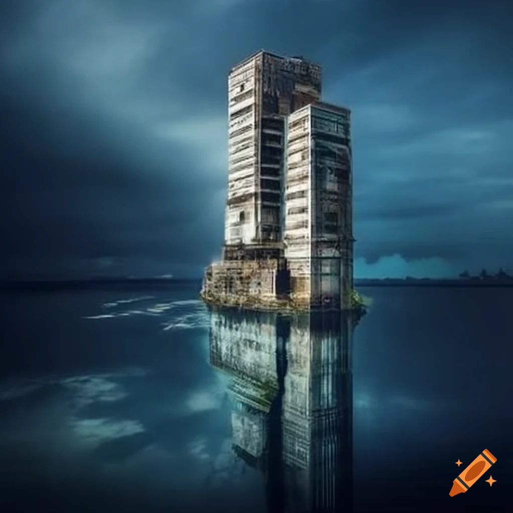 Two abandoned, derelict, floating skyscraper connected