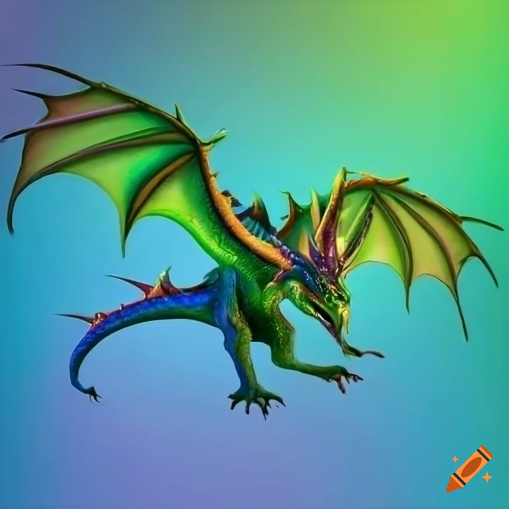 Flying dragon with green and blue wavy wings on Craiyon