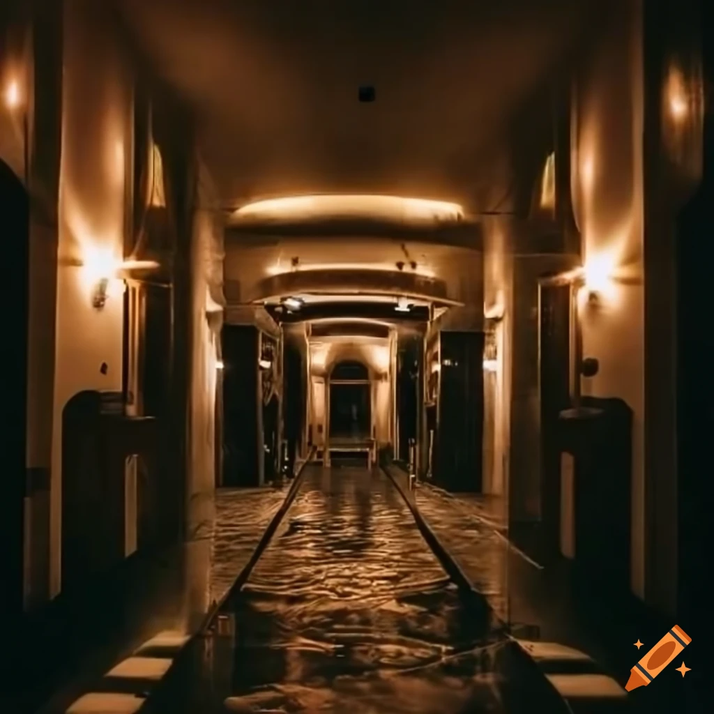 Real life, liminal resort with art deco interior and retro lights space ...