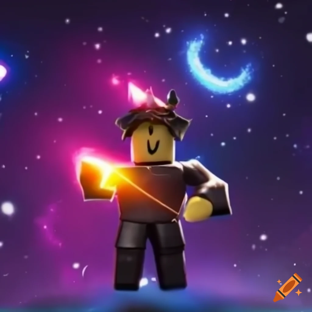 A roblox thumbnail for a clicking game with a galaxy theme on Craiyon
