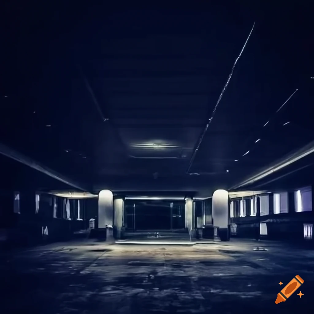 Real life, liminal resort with art deco interior and retro lights space ...