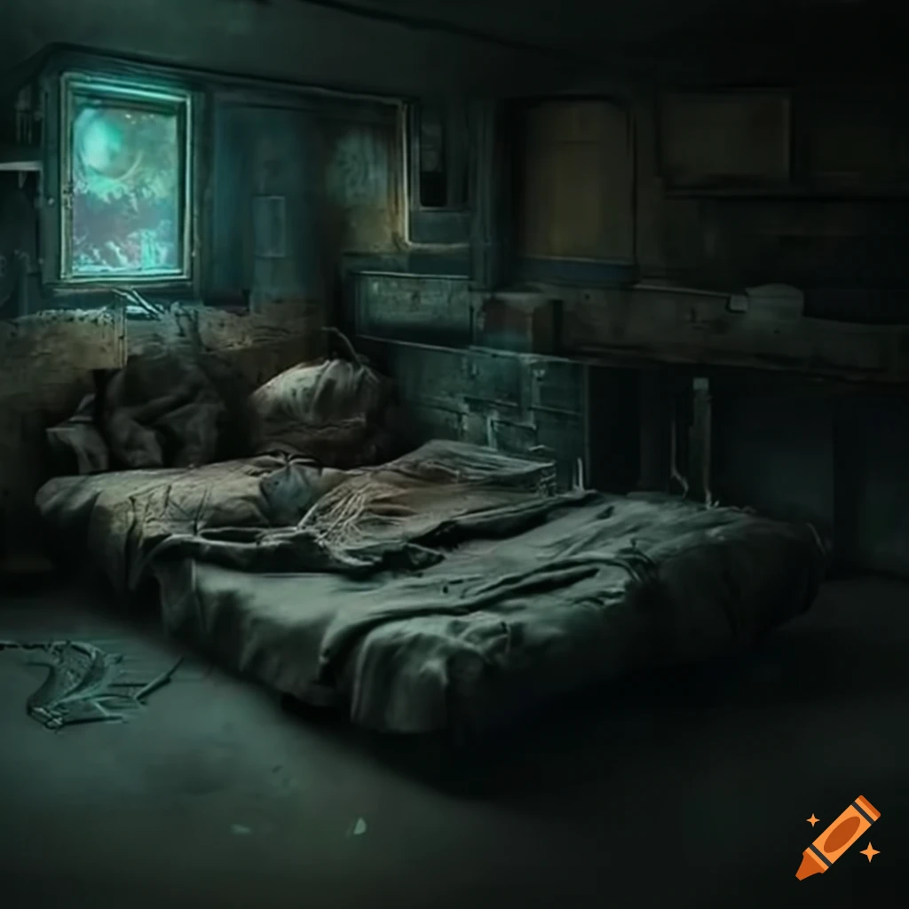 Futuristic post apocalyptic dystopian bed inside a nuclear bunker on ...