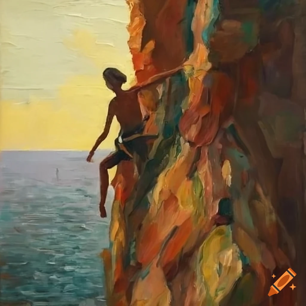An impressionist painting of two people rock climbing on a cliff