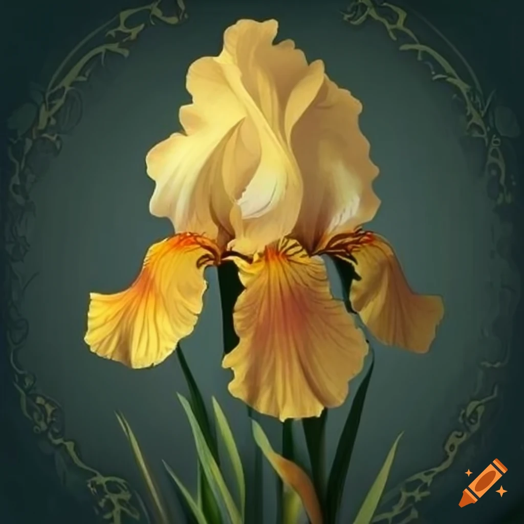 Iris blossoms swaying among golden ribbons in the botanical style of ...