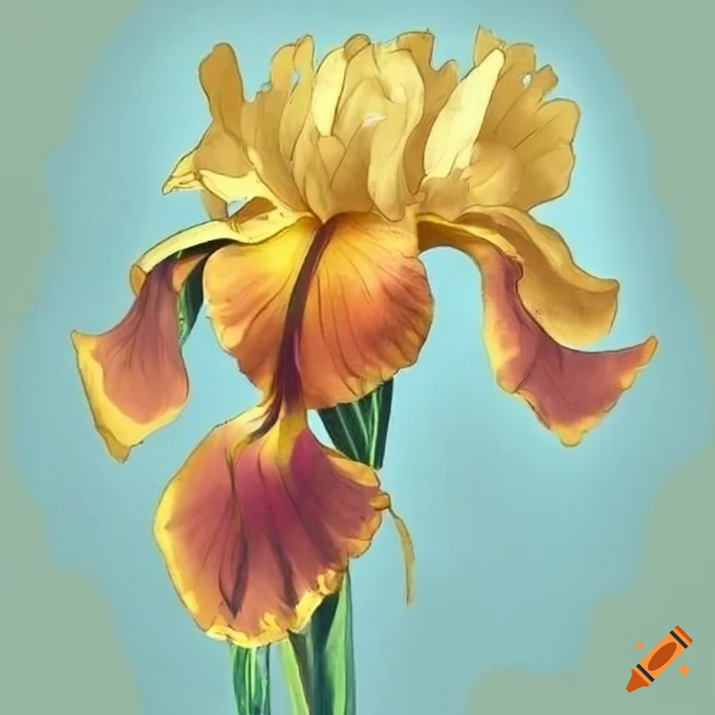 Iris blossoms swaying among golden ribbons in the botanical style of ...