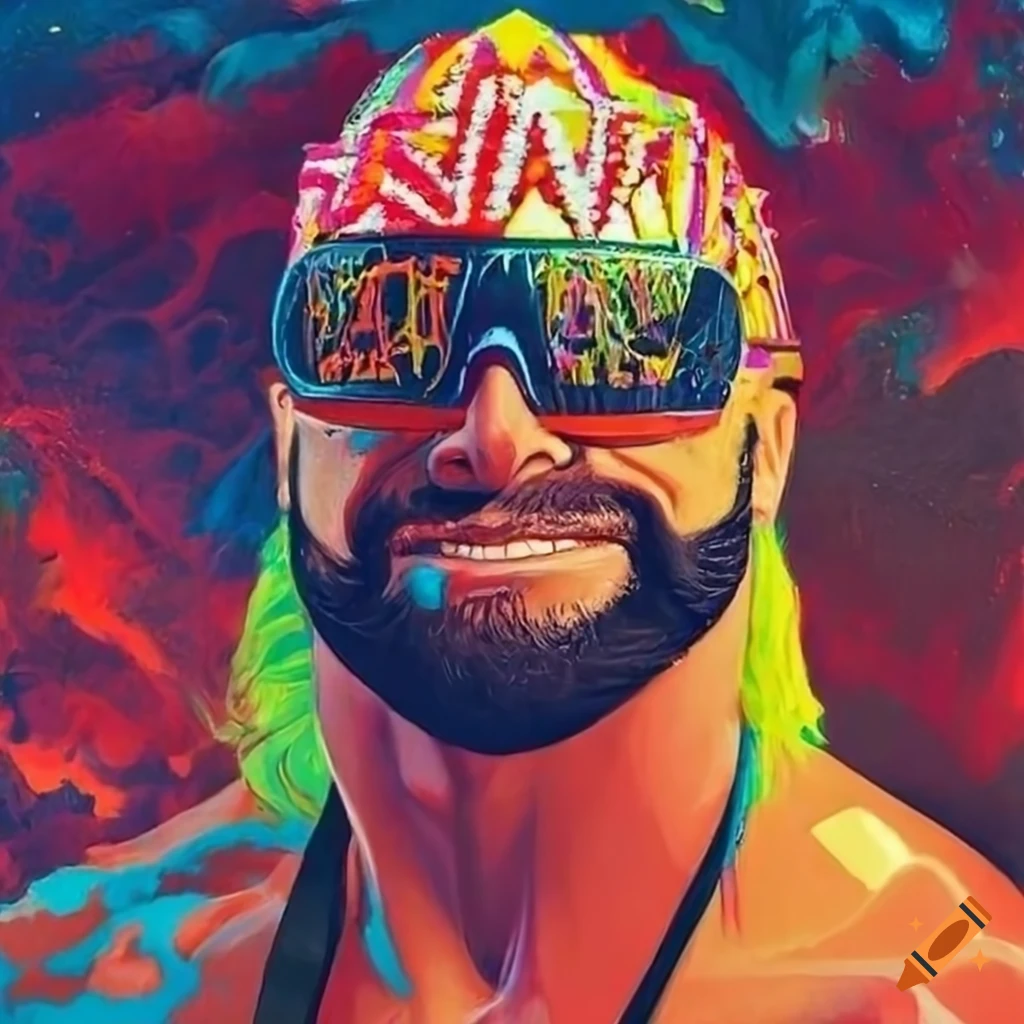 Randy Savage in his traditional colors in front of an erupting volcano ...