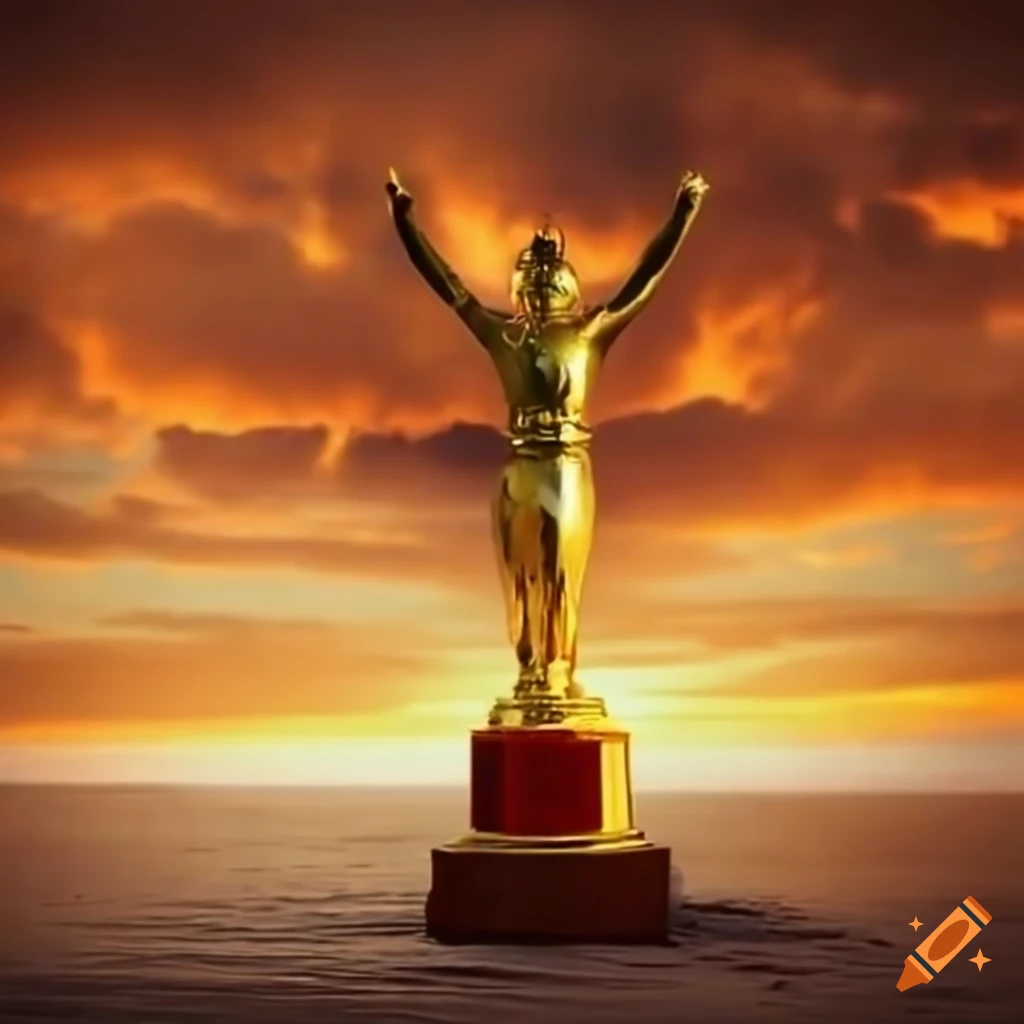 Triumphant arm raising gold trophy against stunning beach sunset on Craiyon